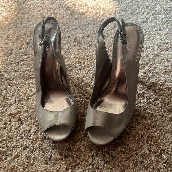 Calvin Klein | Shoes | Calvin Klein Gray Peep Toe Sling Back Heels ...